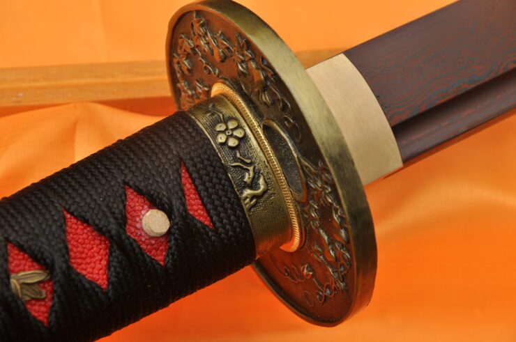 Red Katana Damascus Steel Sword Folded Full Tang